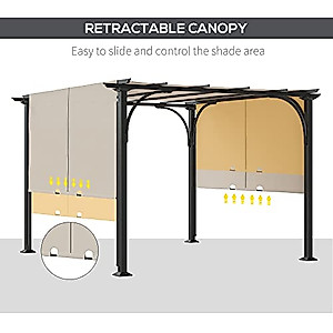 Outsunny 10' x 10' Patio Pergola with Retractable Canopy and Weather-Resistant Steel Frame, Backyard Sun Shade Canopy Cover Shelter for Porch Party, Garden, Grill Gazebo, Beige