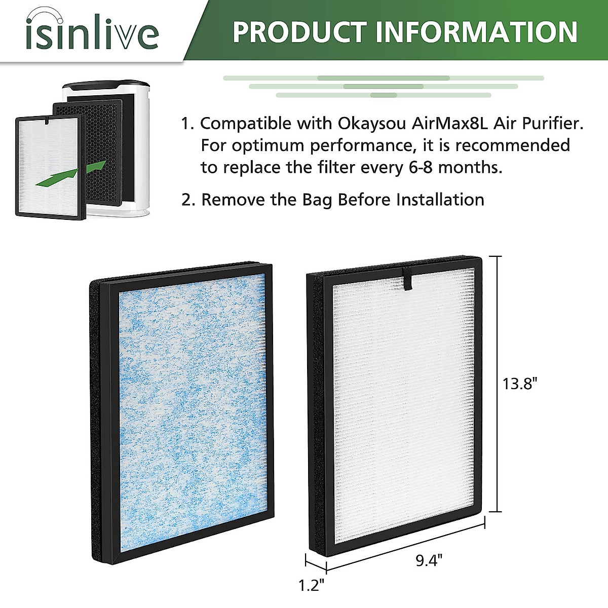 isinlive 2 Pack AirMax 8L True HEPA Replacement Filters Compatible with Okaysou AirMax8L Air Purifier, 3-in-1 Blue Ultra-Filter Filtration System, H13 True HEPA Filter