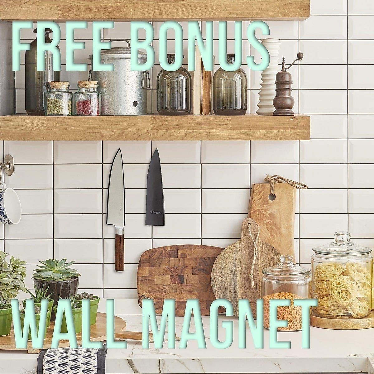 Premium Chef Knife Japanese Style 8 Inch - Multipurpose Balanced Ultra Sharp Professional Carbon Stainless Steel GERMAN Blade Ergonomic Wood Handle Wasabi Knife Set + Magnetic Holder by Amosteel