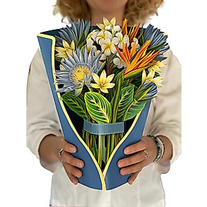 Freshcut Paper Pop Up Cards, Tropical Bloom, 12 inch Life Sized Forever Flower Bouquet 3D Popup Greeting Cards with Note Card and Envelope - Birds of Paradise & Lotus Blossom Flowers