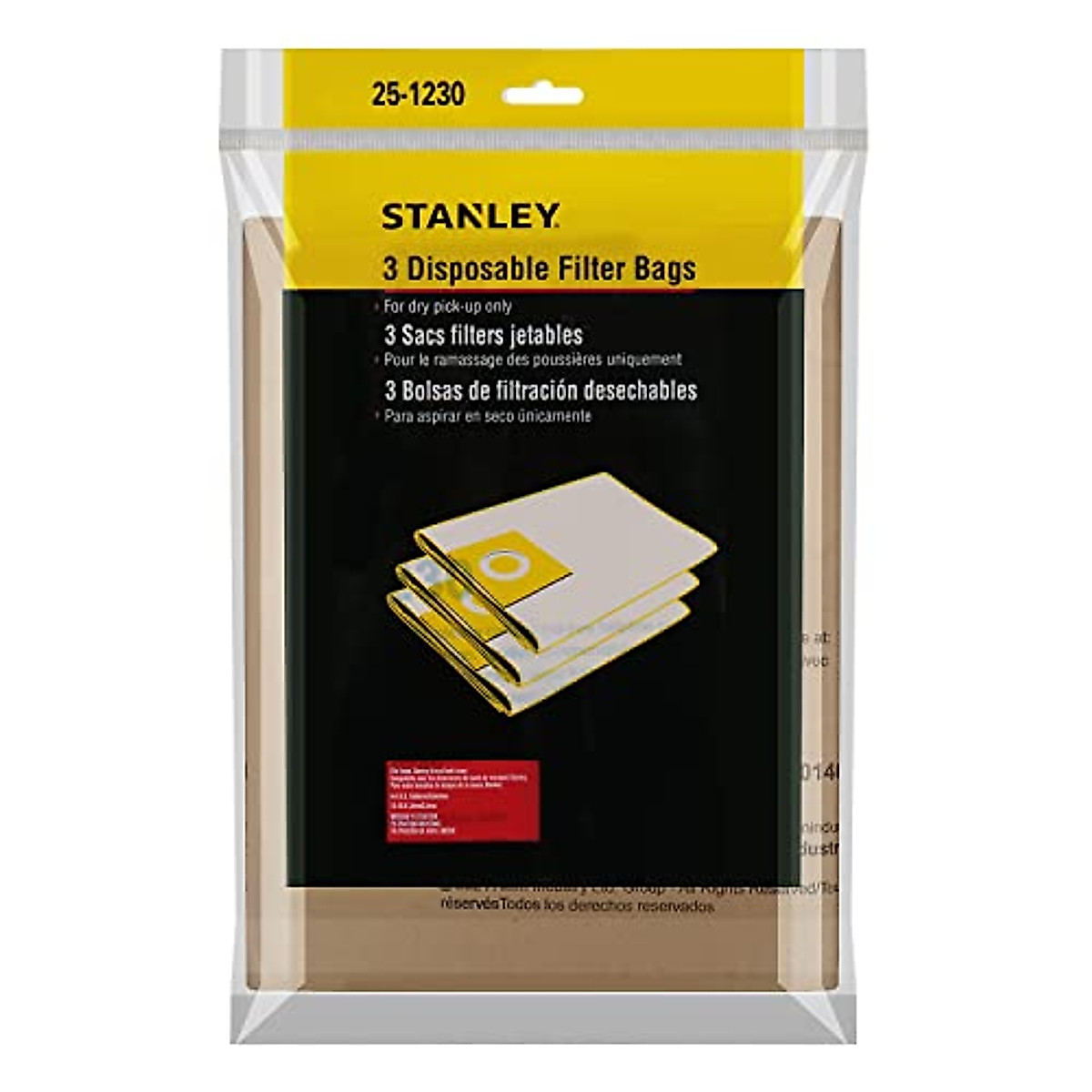 Stanley 25-1230 4-5 Gallon Disposable Filter Bag 1-1/4" for Wet/Dry Vacuum SL18130P SL18133 SL18129, 3 Pack