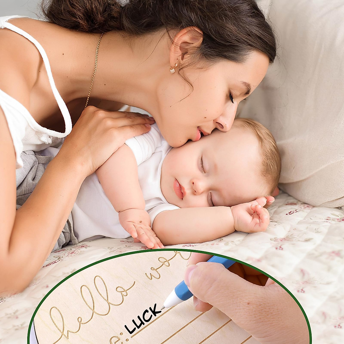 Baby Birth Announcement Sign Wooden Hello World Newborn Sign Round Double-Sided Boho Willow Branch Baby Name Announcement Sign for Girl Boy Photo Prop Baby Shower Nursery Gift Keepsakes(Style 2)