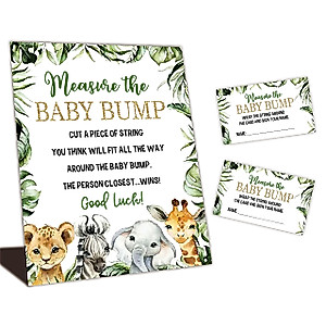 Baby Shower Games - Measure The Baby Bump Set - Greenery Floral Safari theme how big is mommy's belly - 1 Standing sign & 50 tickets - gender reveal party decorations & supplies -DWLK-A02