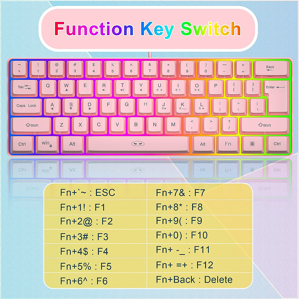 60% Wired Gaming Keyboard, RGB Backlit Ultra-Compact Mini Keyboard, Mechanical Feeling Membrane Mini Compact 61 Keys Keyboard for PC/Mac Gamer, Typist, Travel, Easy to Carry on Business Trip(Pink)