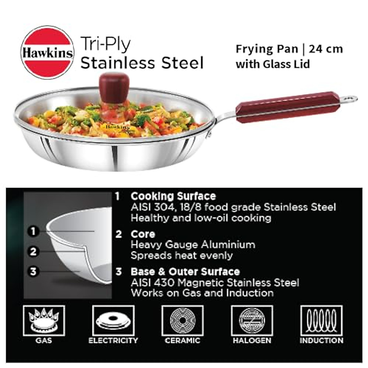 HAWKINS Triply 3 mm Stainless Steel Frying Pan 26 cm with Lid, 1 LTR, Silver (SSF26G)