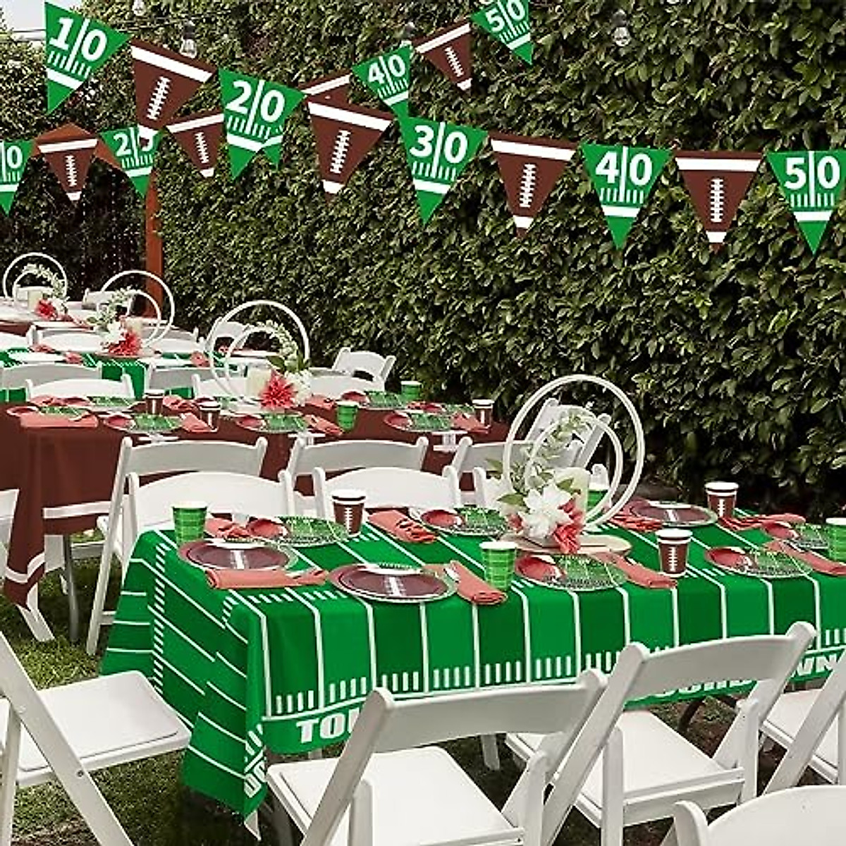 Football Party Supplies Kit Serve 24,Includes Dinner Plates, Dessert Plates, Napkins, Cups,Banner and Touchdown Tablecloth for Football Birthday Party Football Gameday Tailgate Party Decorations