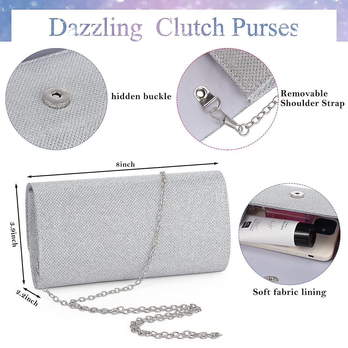 Meanplan 4 Pieces Silver Clutch Purses For Women Evening Rhinestone Purses Crystal Jewelry Set Bridal Wedding Choker Bracelet Dangle Bling Glitter Purse (Fresh Style)