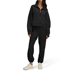 LASLULU Womens Fuzzy Cropped Sweatshirt Hoodies Sport Athletic Zip Up Stand Collar Sweater Fleece Lined Fall Sweatshirt Long Sleeve Pullover Tops Pockets(Black Medium)