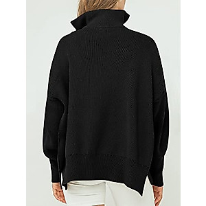 ANRABESS Women's 2023 Fall Oversized Sweater Quarter Zipper Long Sleeve Collar Drop Shoulder Half Zip Casual Slouchy Ribbed Knit Slit Side Sweatshirt Pullover Top 566heise-XS Black