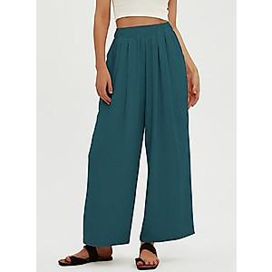 Beaully Women's Summer Linen Pants Casual Loose High Waist Wide Leg Long Pants Trousers with Pockets 6096 Lake Blue XX-Large