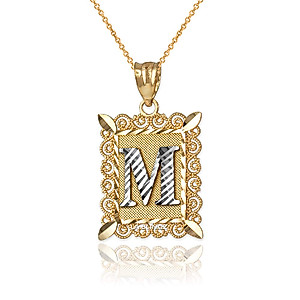 LA BLINGZ 14K Yellow Gold Filigree Alphabet Initial Letter M DC Pendant Necklace (16" Necklace)