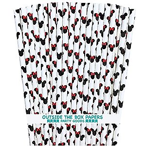 Mickey and Minnie Mouse Inspired Paper Straws - Black Red White - 7.75 Inches - 100 Pack - Outside the Box Papers Brand
