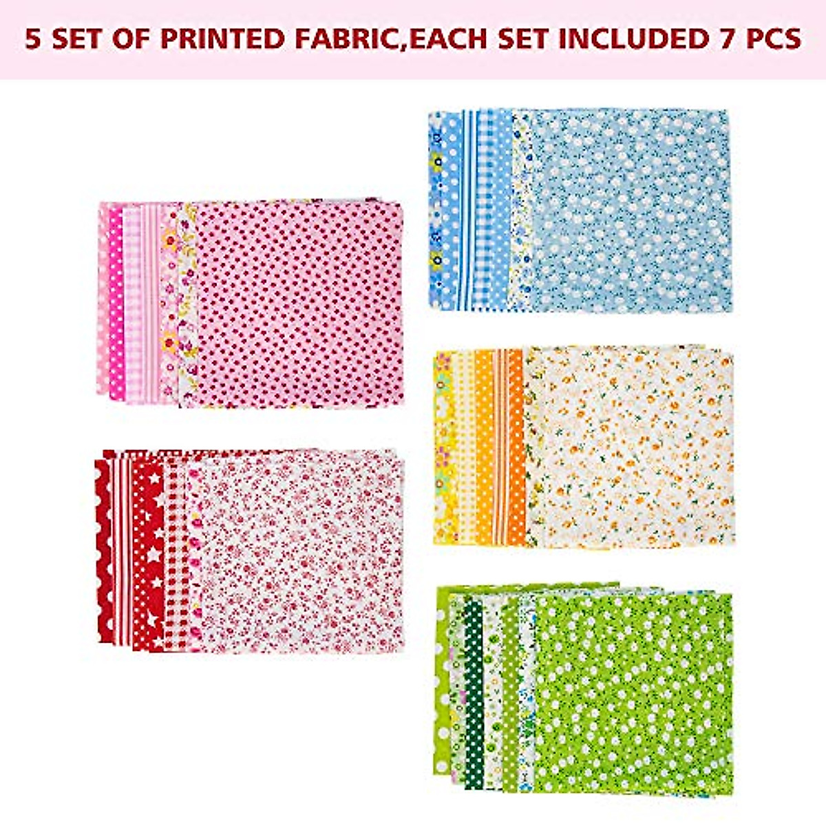 AUEAR, 35 Pack Cotton Print Fabric Bundle Squares 9.8"x9.8" Quilting Sewing Floral Precut Sheets for DIY Sewing Scrapbooking Quilting Dot Pattern (Bright Colors: Red & Blue & Yellow & Pink & Green)