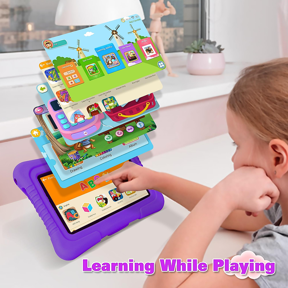 Veidoo Kids Tablet, 7 inch Android Tablet PC, 2GB RAM 32GB ROM, Safety Eye Protection Screen, WiFi, Dual Camera, Games, Parental Control APP, Tablet with Silicone Case(Purple)