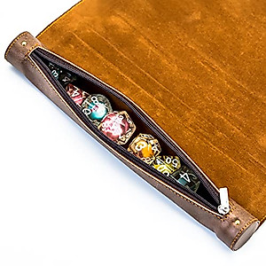 All in One Brown Leather Mat Tray Scroll DND Dice Box for Dungeons and Dragons, Gifts, D&D, D and D, Pathfinder, Accessories, D20, Polyhedral, Resin Dice, Metal, Dice Tray, Tower, Vault