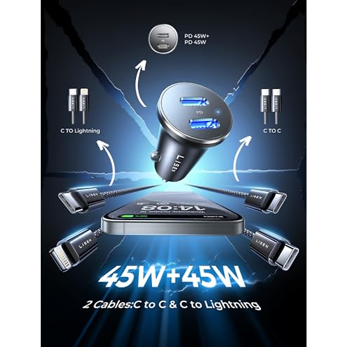 LISEN 90W USB C Car Charger Fast Charging, Dual USB C Port PD 45W Cigarette Lighter Adapter USB C Charger, Super Fast Car Charger USB C with Lightning Cable & USB C Cable for iPhone 15 Pro Max/Samsung