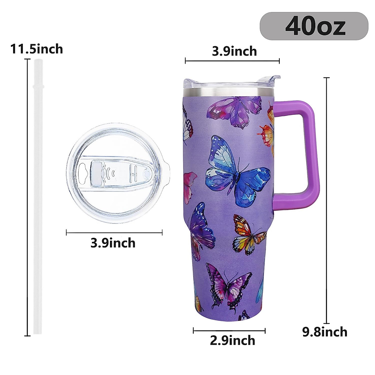 ZNYYZYBA 40 oz Tumbler with Handle and Straw, 40oz Butterfly Tumbler with Leak Proof Lid, Reusable Stainless Steel Insulated Travel Coffee Mug, Butterfly Gifts for Women
