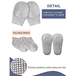 Baby Hats Newborn Knot Beanie No Scratch Mitten Non-Slip Sock for Boys and Girls (White, Gray, Black, Blue, Navy Blue,5 Sets)