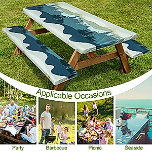 Picnic Table Cover with Bench Covers Camping Essentials Waterproof Windproof Camping Tablecloth with Drawstring Bag, Fitted Rectangle Tables and Seats, 72in, Green Blue