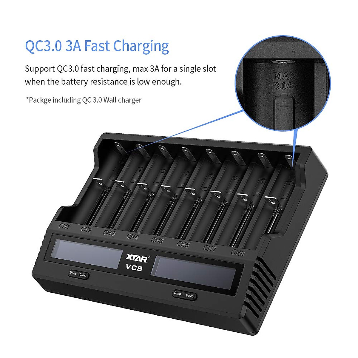 8 Slots 18650 Battery Charger XTAR VC8 Charger USB C 3A Fast Charger 21700 Battery Charger with LCD Display for 3.6V 3.7V Li-ion 10440 18700 26650 1.2V Ni-MH AA AAA C Full Set with QC3.0 Wall Charger