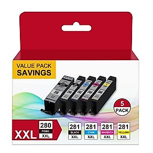 PGI-280XXL/CLI-281XXL 5-Color Value Pack Compatible Ink Cartridge Replacement for Canon 280XXL 281XXL High Yield Compatible to TR7520 TR8520 TS6120 TS6220 TS8120 TS8220 TS9120 TS9520 TS6320 (5 Pack)
