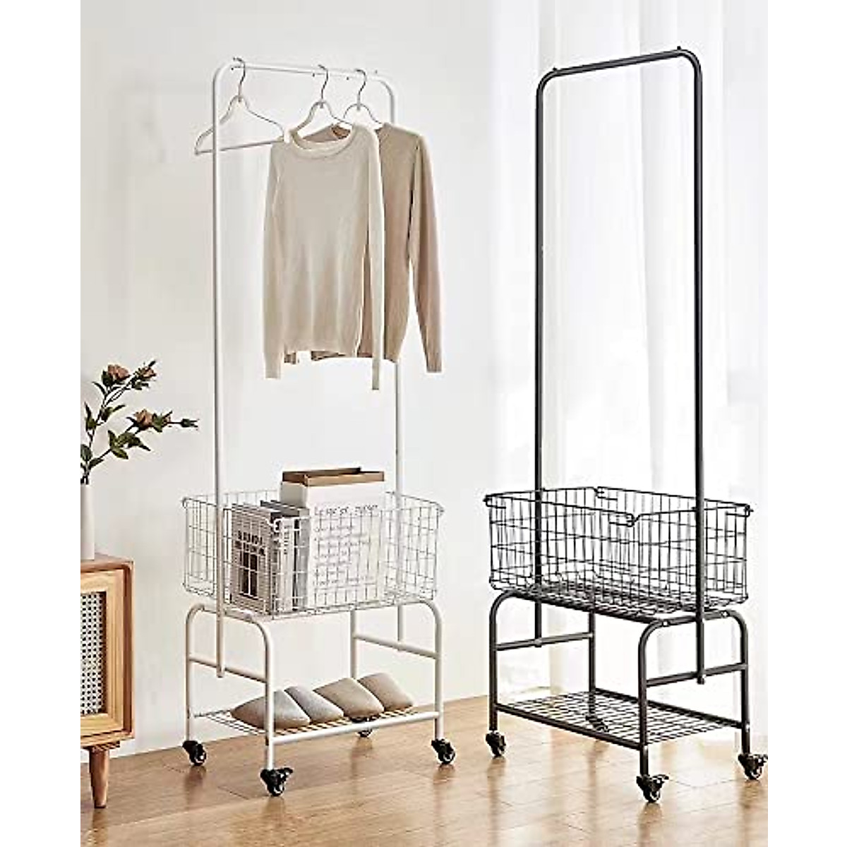 easy moved garment rack with basket for organize, laundry basket, white metal rack,