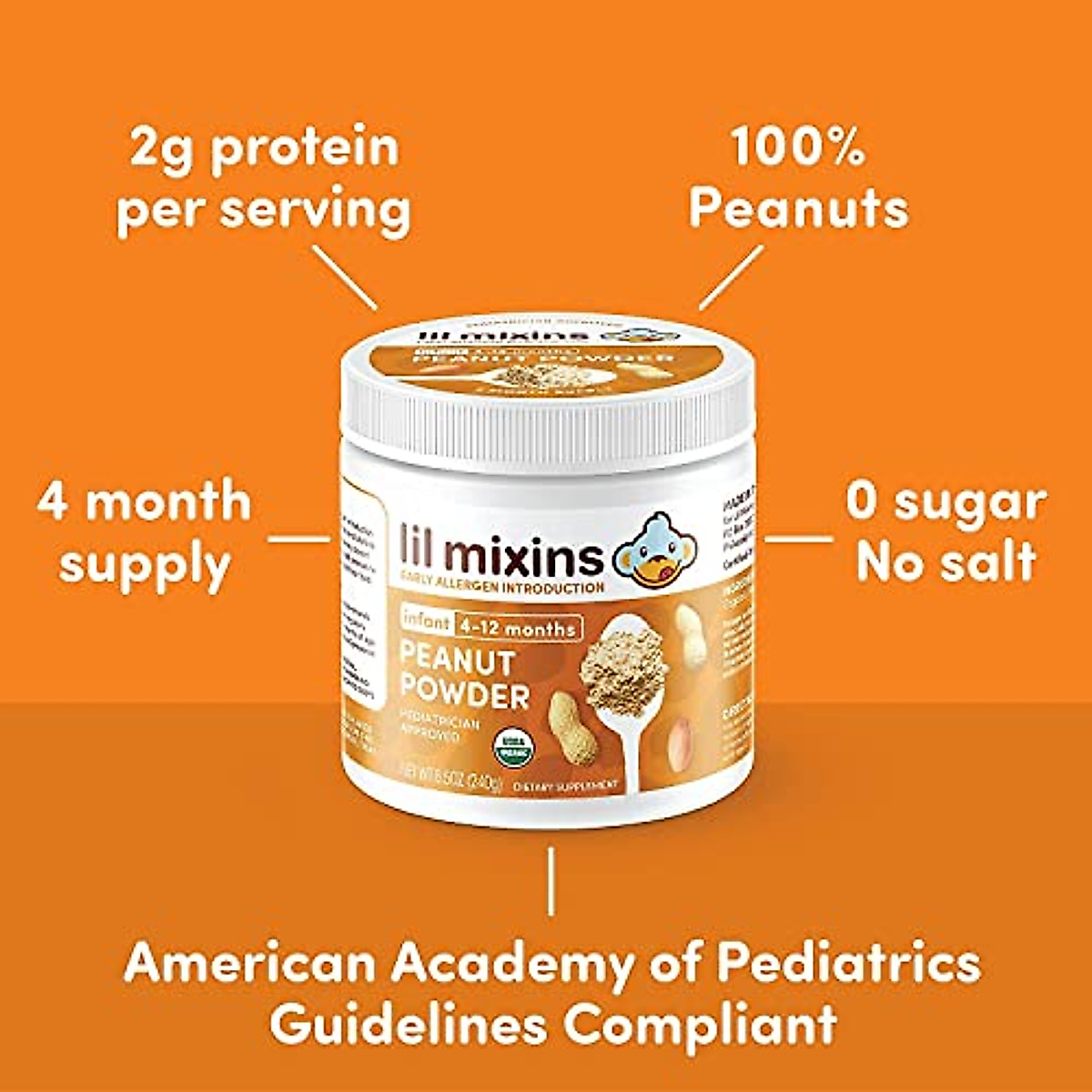 Lil Mixins Early Allergen Introduction Powder, Peanut | Baby Stage 1-3, For Infants & Babies 4-12 Mo., Support Healthy Food Tolerance | 8.5 Oz Jar, 4 Month Supply