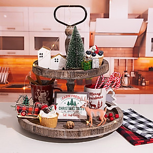 Christmas Decor - 14Pcs Christmas Decorations Indoor for Tiered Tray - Farmhouse Rustic Home Buffalo Plaid Kitchen Decor - Wooden Signs for Bathroom Table Bedroom (Not Included Tray) - White