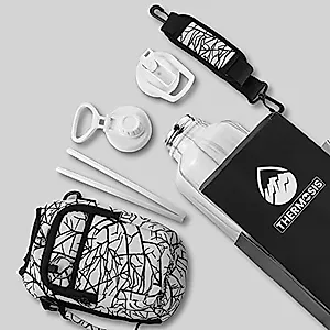 Thermosis 64 Oz insulated water bottle Stainless Steel Water Bottle with Straw & Holder Strap - Includes 2 Lids water bottles - Leak Proof water bottle for Men & Women - White Marble