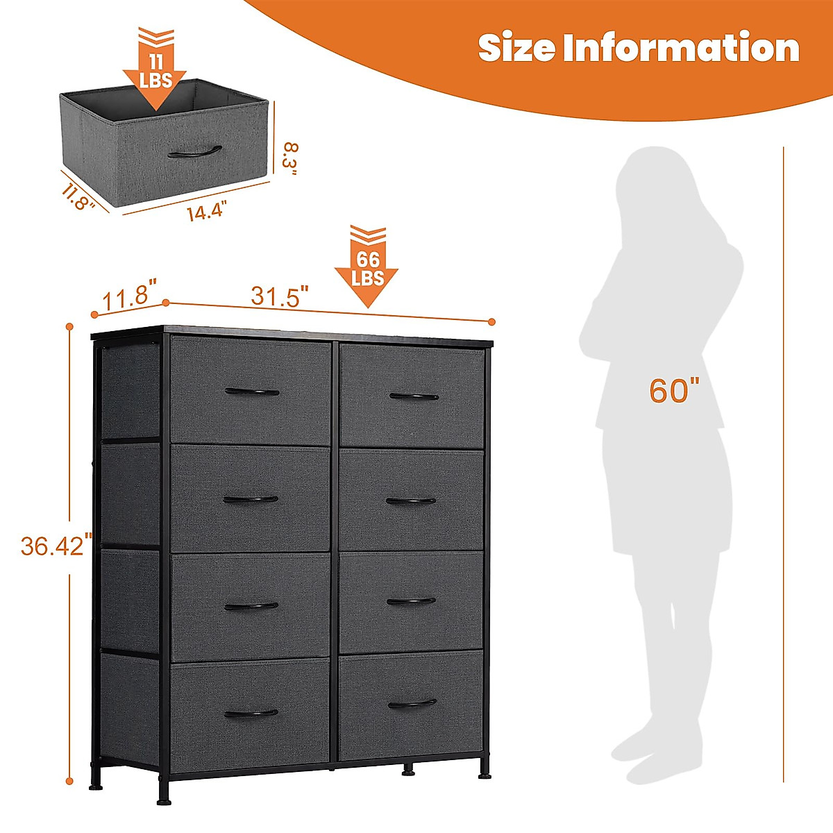 Sweetcrispy 8 Drawers Dresser for Bedroom, Kidsroom Furniture, Tall Chest Tower, Storage Organizer Units for Clothing, Closet, Fabric Bins, Wood Top, Steel Frame, Lightweight, Assemble Tools Include
