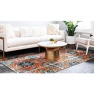 Unique Loom Estrella Collection Floral, Geometric, Vibrant, Modern, Abstract Area Rug (5' 0 x 8' 0 Rectangular, Orange/Blue)