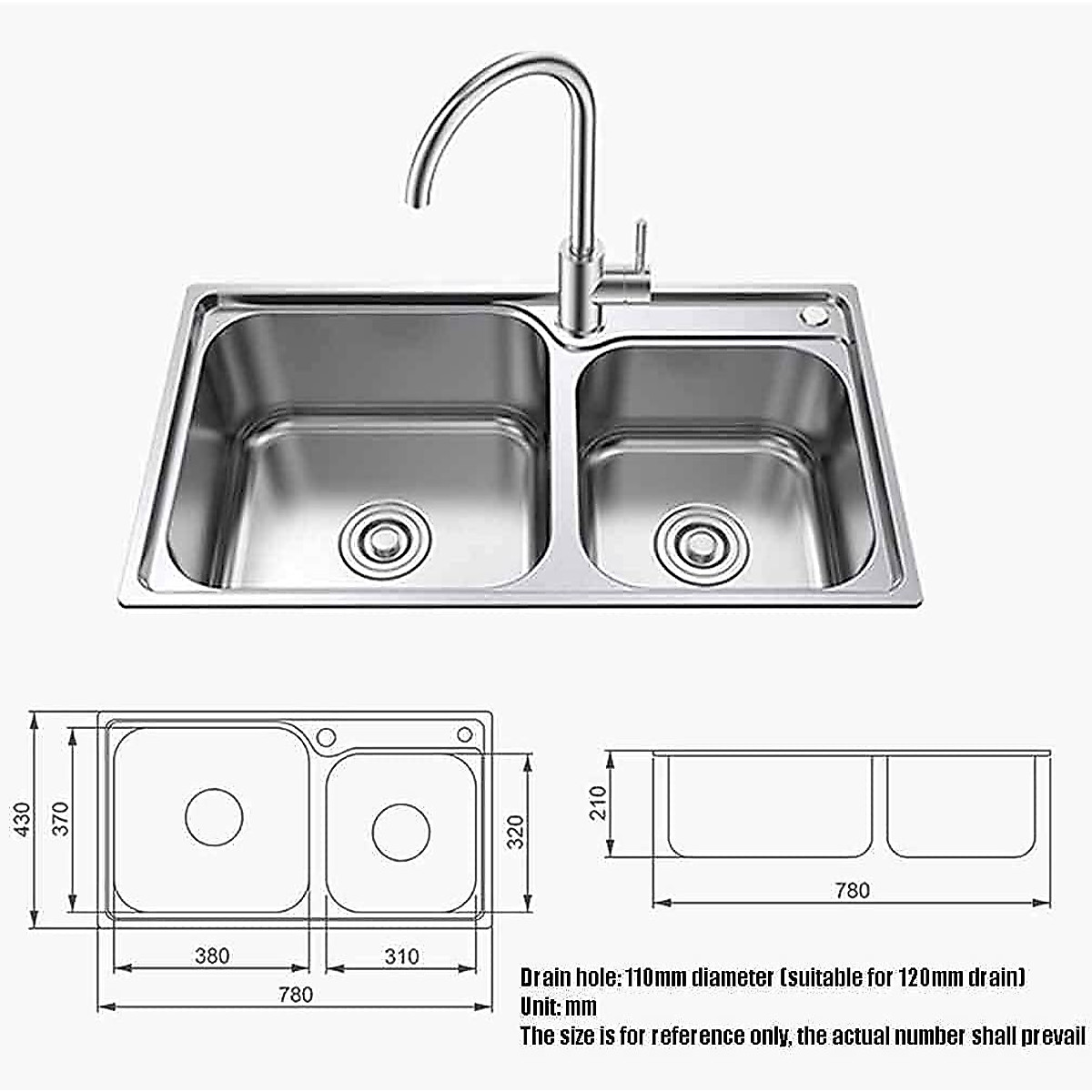 YOtat Stainless Steel Sink Sink Set, Kitchen Taichung, Undercounter Basin, Sink, Sink, Double-Bath Composite Practical Sink, Anti-Scratch Sink