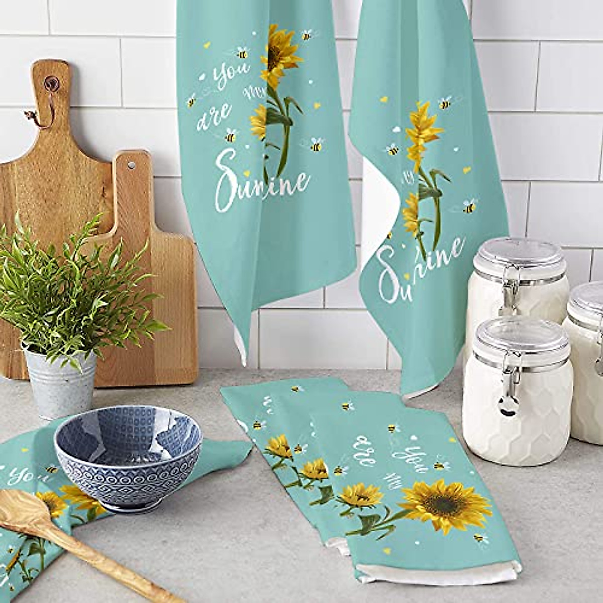 Infinidesign Sunshine You are My Sunflower Hanging Dish Towels for Kitchen Teal Green Absorbent Kitchen Hand Towels Quick Dry Towel for Bathroom Laundry Room Home Decor