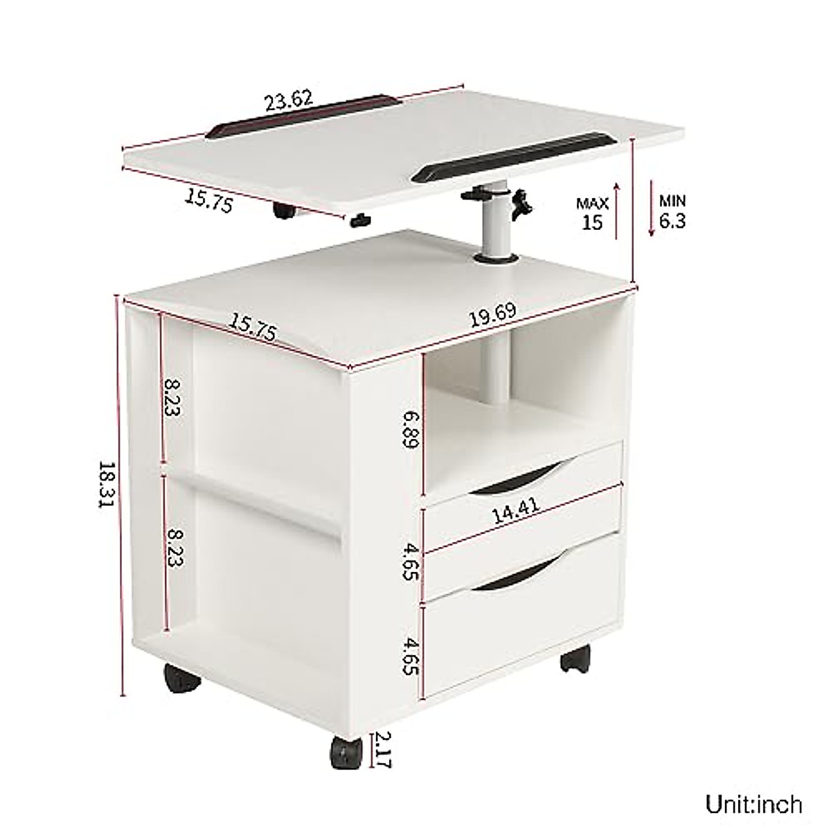 EKSED Multifunctional Height Adjustable Nightstand, Overbed End Table Wooden Night Stand with Swivel Top,Bedside Table with Storage Drawers, Wheels and Open Shelf, Easy Assembly, White