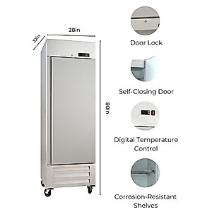 27 5/8 Inch AP-23F 20 Cu. Ft Commercial Freezer, Single Door Stainless Steel Reach-in Freezer with 3 Adjustable Shelves for Restaurants, -8°F – 0°F