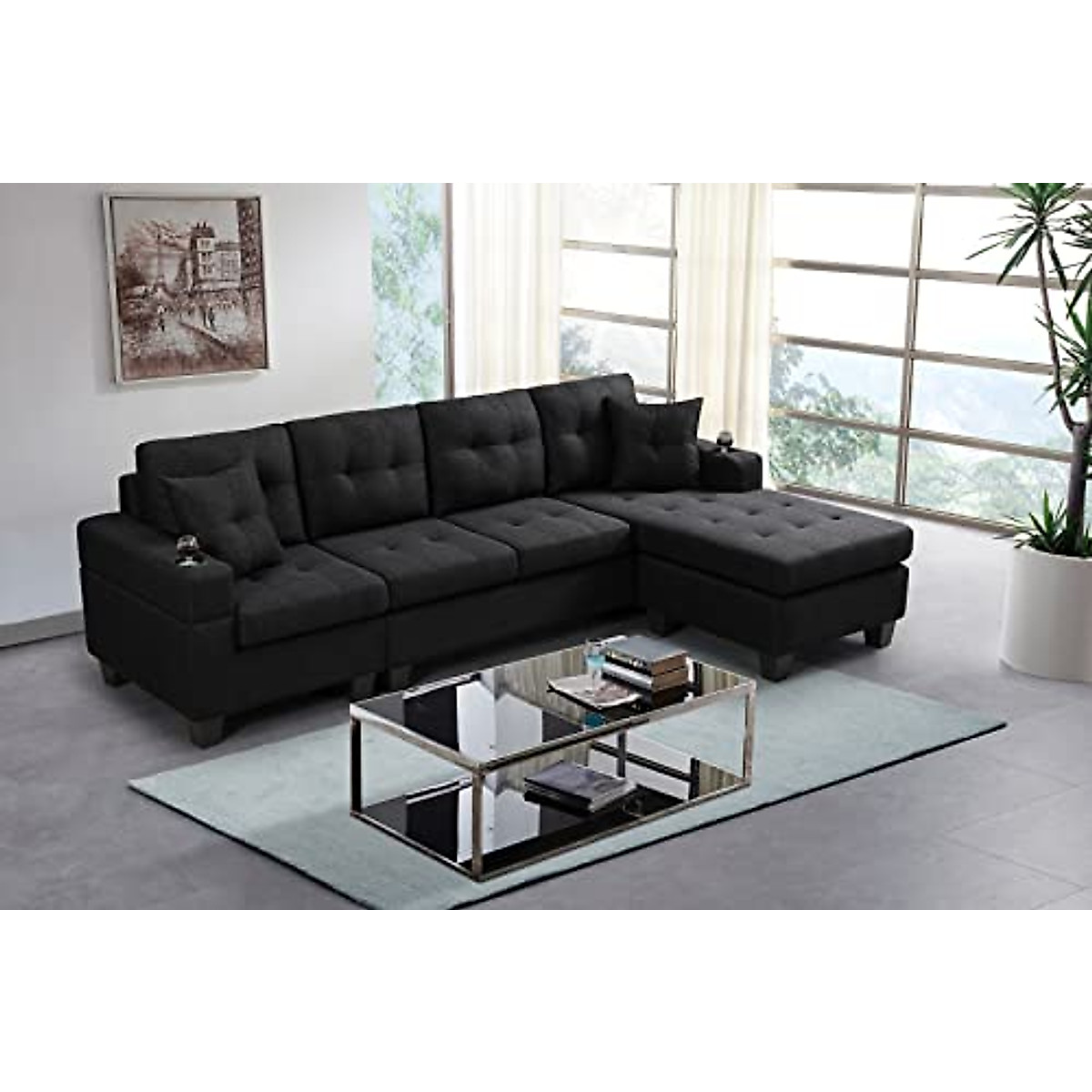 BIADNBZ Modern Sectional Sofa Set with Reversible Chaise Lounge,2 Pillows and Cup Holders,4-Seat L-Shaped Upholstered Couch for Living Room Office Apartment, Black