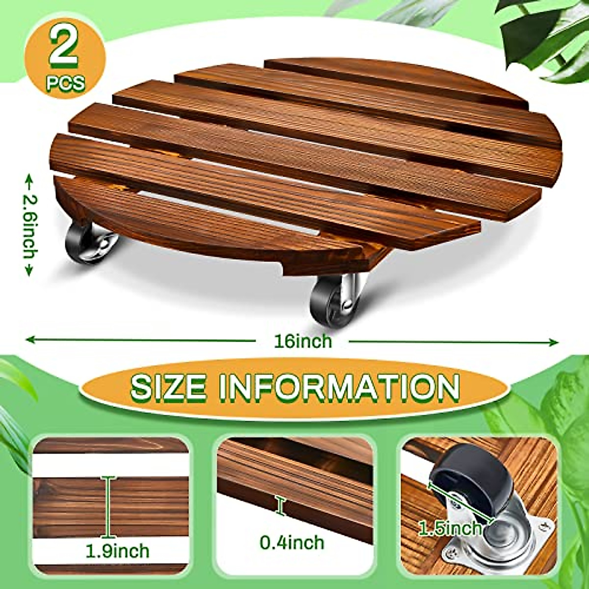 Taiyin 2 Pack 16 Inch Wooden Plant Stand with Lockable Wheels 220 Lbs Heavy Duty Rolling Plant Stand Plant Roller with Casters Strong Plant Roller Dolly Base for Outdoor Indoor