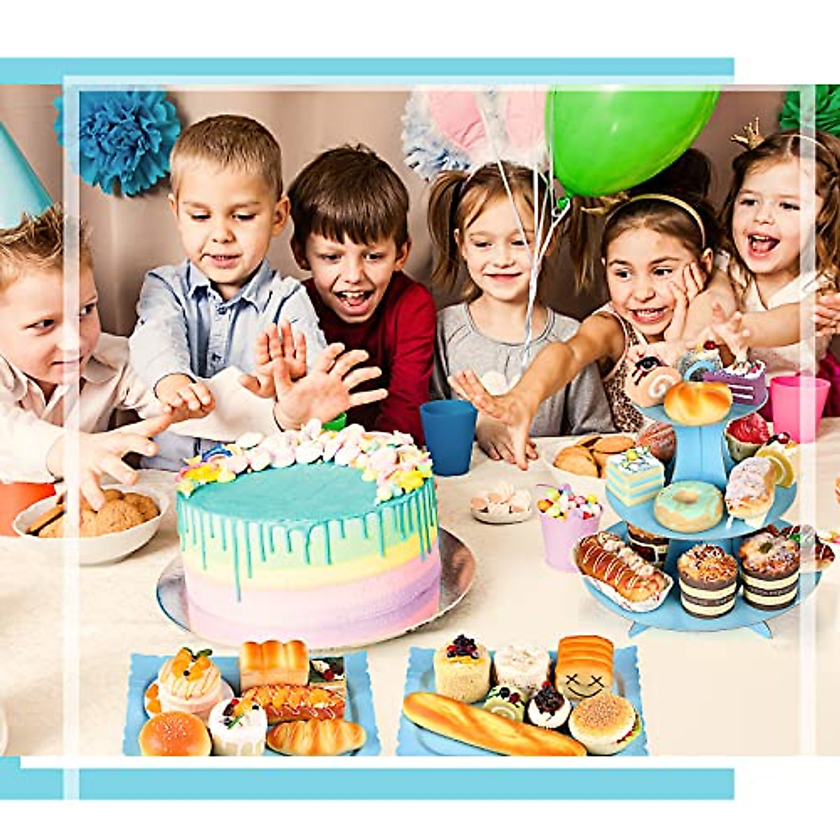 7 Pieces Cake Stand Set 3-Tier Cardboard Cupcake Stand 1-Tier Cake Stand Round Dessert Stand Rectangle Serving Tray Reusable Platters Cupcake Holders for Desserts Birthday Party (Sky Blue)