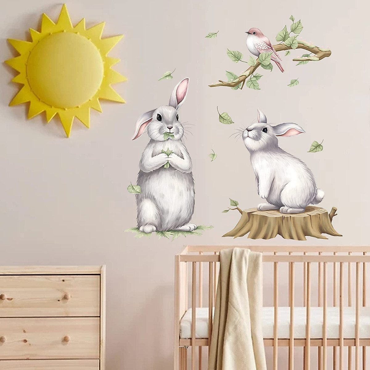 NOA 2 Cute Rabbit Wall Stickers with Bird On The Branches Decals, Removable Cartoon Animal Bunny 3D Vinyl Wallpaper Decor, DIY Art Mural for Nursery Baby Bedroom Living Room