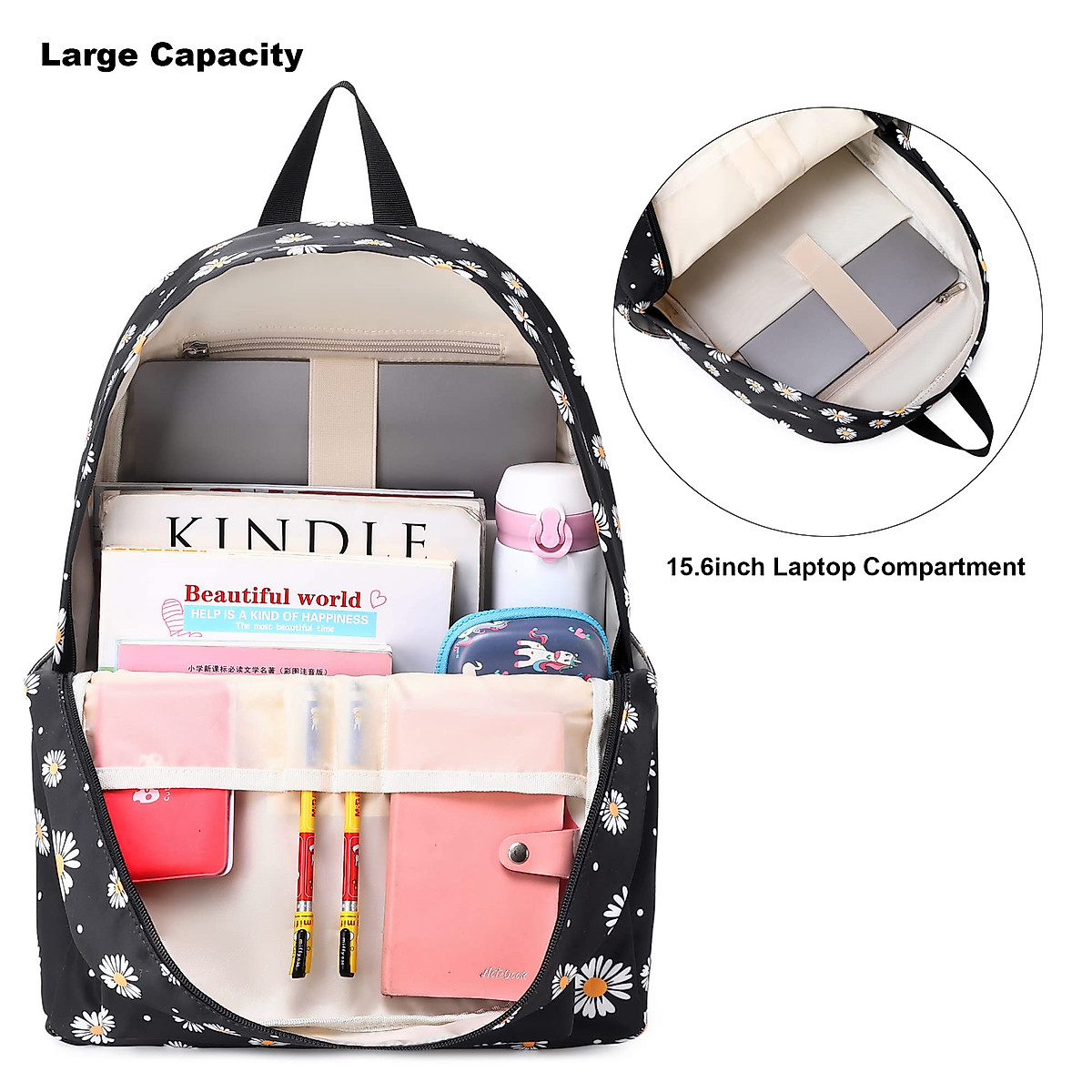 Kouxunt Daisy School Backpack for Girls Womens, School Bags Collge Bookbags Laptop Backpacks for Kids Teens Adults (Black)