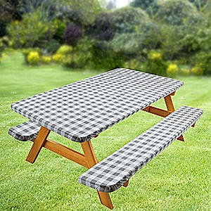 Aksipo Vinyl Picnic Tablecloths and Bench Covers, Waterproof Picnic Table and Bench Seat Covers with Elastic Edges for Outdoor Patio Park, Gray Checkered Flannel Backed Lining, 72 Inch 3 Piece Set
