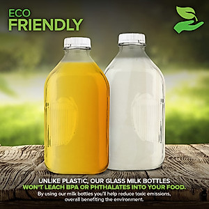 Stock Your Home Half Gallon Glass Milk Bottle with Lid (3 Pack) 64 Oz Jugs and 6 White Caps, Reusable Food Grade Milk Container for Refrigerator, Bottles for Juice, Oat or Plant Milks, Water, Honey