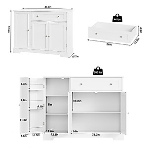 HOSTACK Buffet Cabinet with Storage, Modern Sideboard Buffet with Doors, Wood Coffee Bar Kitchen Storage Cabinet with Drawer and Adjustable Shelf for Kitchen, Dining Room, Living Room, White