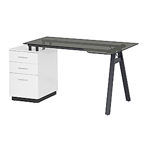 Techni Mobili Modern Smoke Tempered Glass top & Storage Home Office Computer Writing Desk Workstation with Two Cupholders and a Headphone Hook-Pine, 59.5" D x 29.25" W x 29.5" H, White