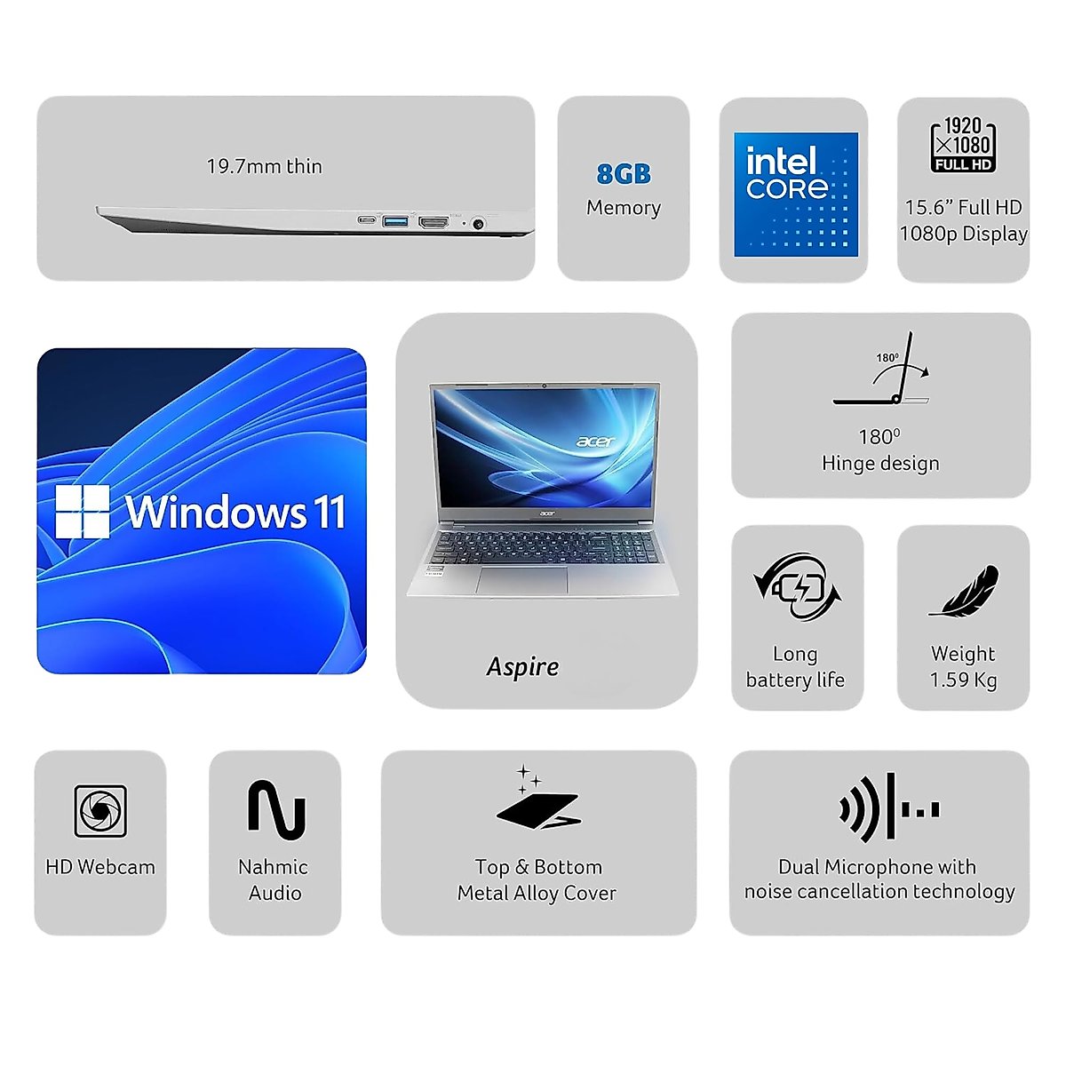 acer Aspire Slim Laptop, 15.6" Full HD Display, Intel Celeron N4500 Processor, 8GB DDR4 Memory, 384GB Storage, WiFi 5, Microsoft 365 1-Year Subscription, Windows 11 Home in S Mode，Silver, JVQ MP