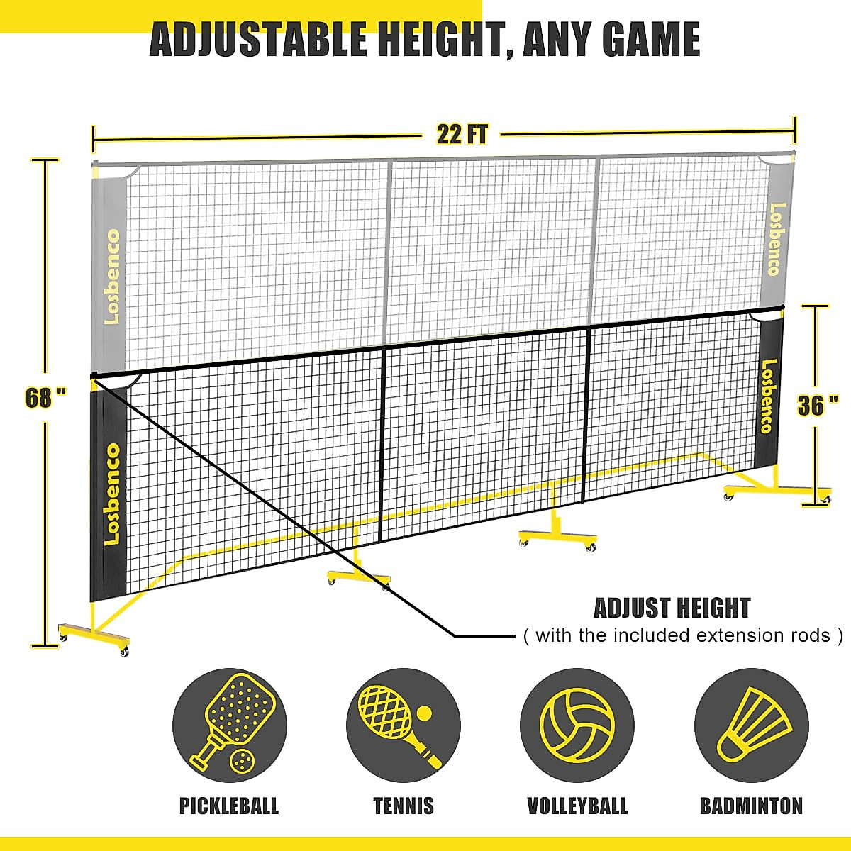 Losbenco Pickleball Net with Wheels Court Lines, Metal Frame & Regulation Size 22FT, 6-in-1 Adjustable Portable Net for Playing Pickleball, Tennis, Volleyball & Soccer and Backyard Games