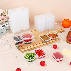 50 Pack Double Compartment Condiment Containers with Lids, Disposable 2 Compartment Snack Containers, Small Plastic to go Cups for Sauce Dressing Dip, Reusable Mini Snack Pack Container, 60+70ml