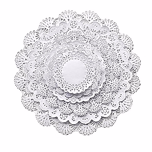 The Baker Celebrations White Round paper Lace Table Doilies 4 5 6 8 10 and 12 inches Assorted Sizes (Variety pack of 120-20 of each)