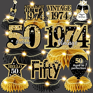Bumqviy 9Pcs 50th Birthday Honeycomb Centerpieces Decorations with String Lights for Women Men, Black Gold Vintage 1974 Aged to Perfection Table Party Supplies, 50 Year Old Birthday Party Table Sign