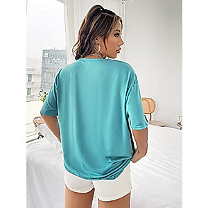 SOLY HUX Women's Oversized T Shirts Letter Print Casual Summer Tops Graphic Tees for Women Blue XL